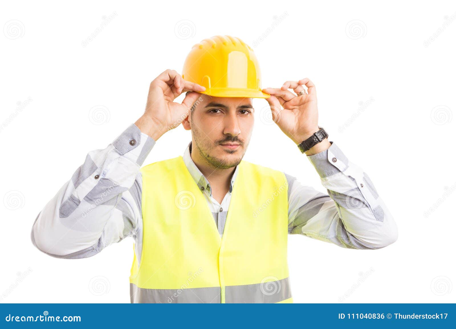Constructor or Builder Fixing His Protection Yellow Hard Hat Stock ...