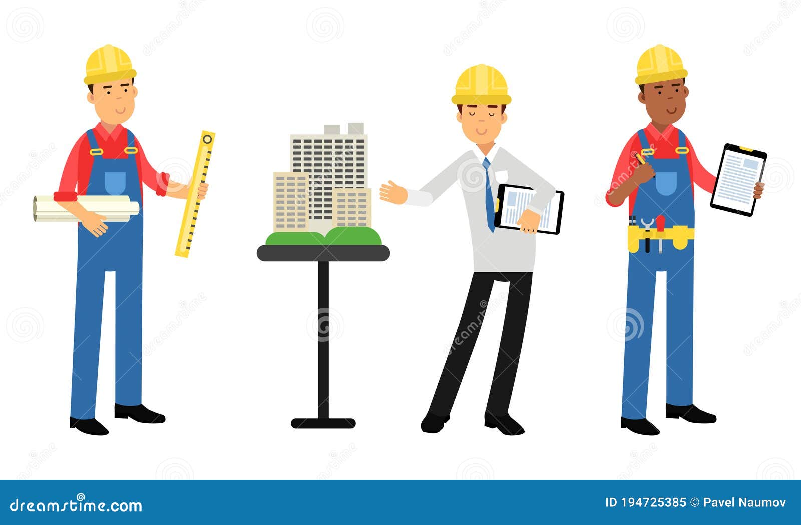 Constructor or Builder in Yellow Hard Hat Holding Draft and Presenting ...