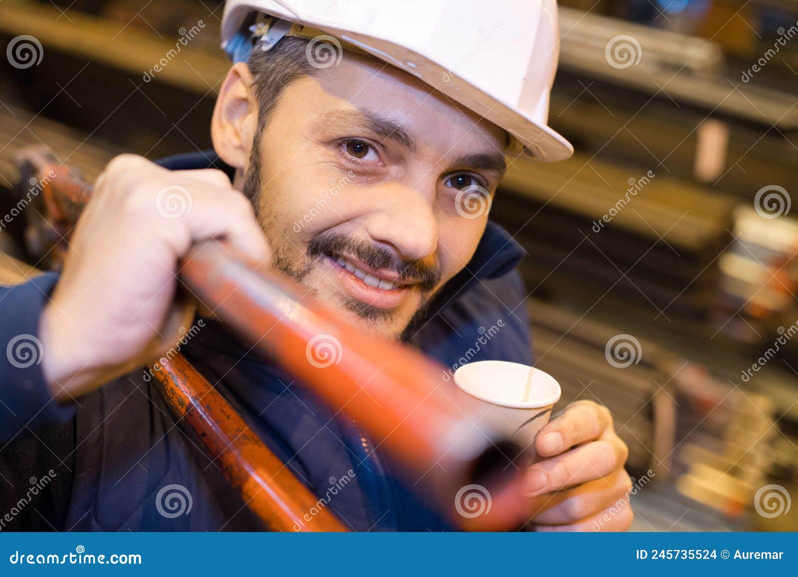 Constructor and Coffee Cup on Building Site Stock Photo - Image of ...