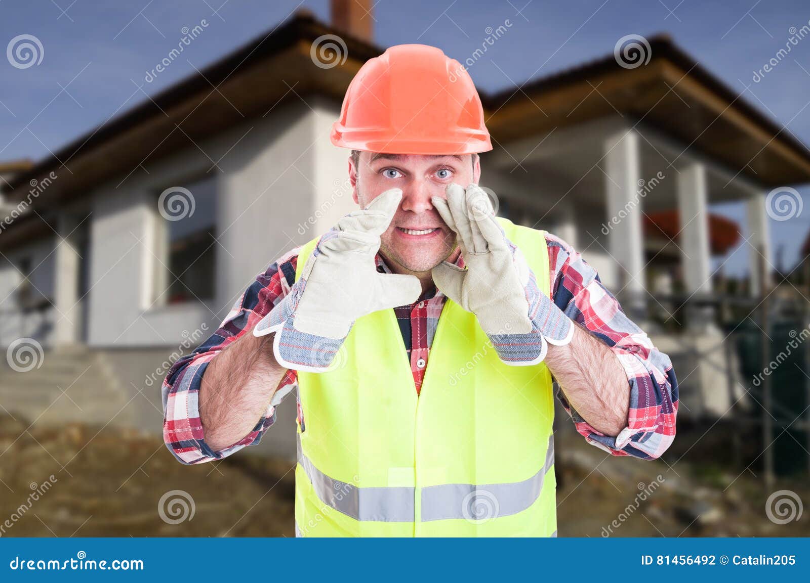 Constructor on Construction Site Screaming Something Stock Photo ...
