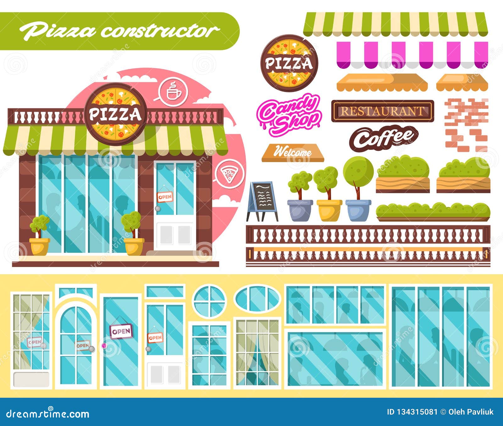 Constructor Flat Design City Public Pizza Buildings with Storefronts ...