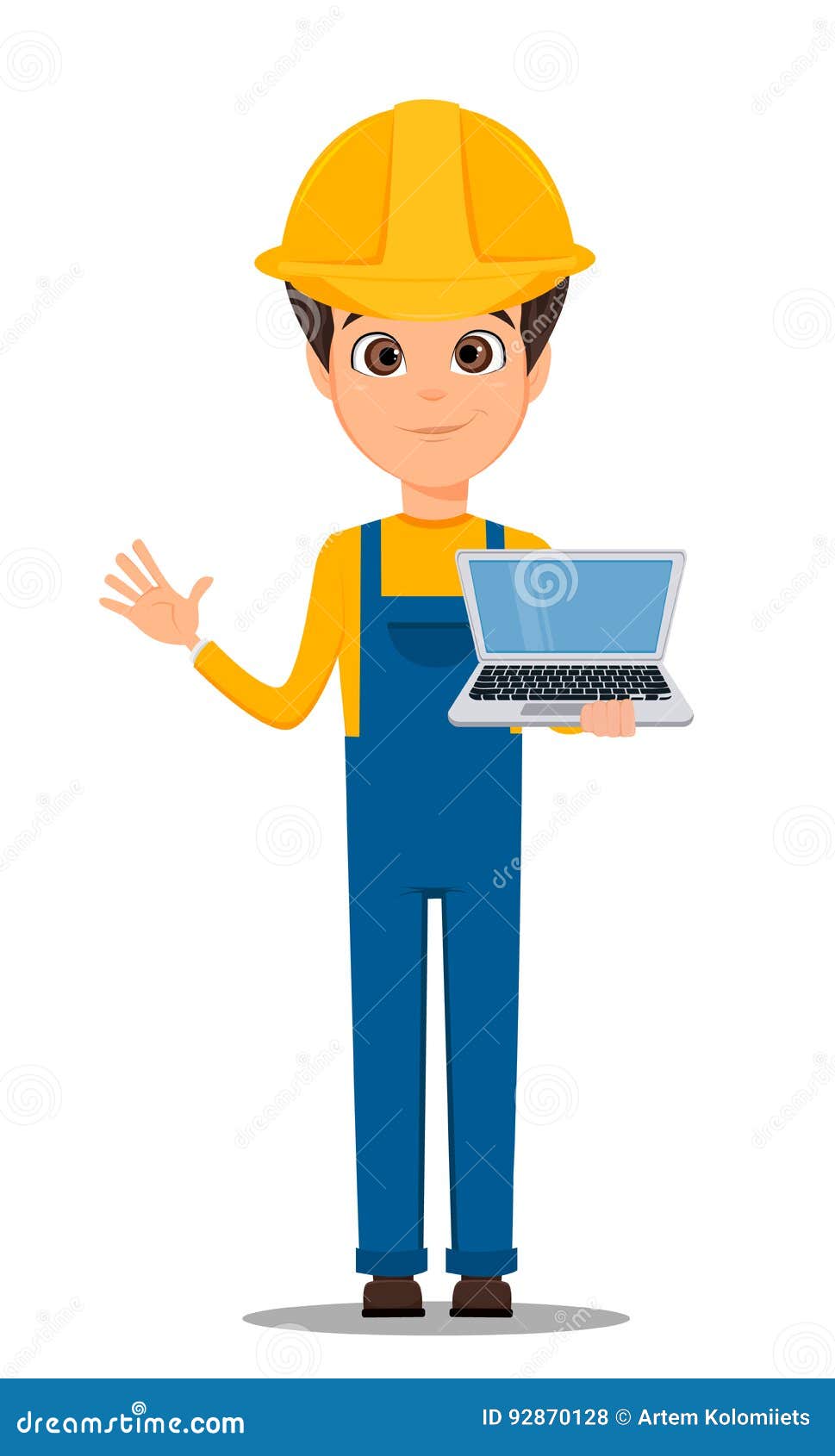 Constructor Worker. Handsome Builder Holding Laptop and Showing Hello ...