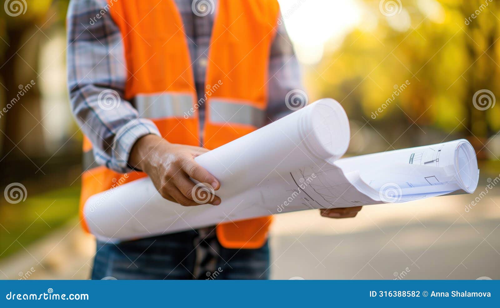 Consulting Engineer At Construction Site Holding Blueprint In Hand ...