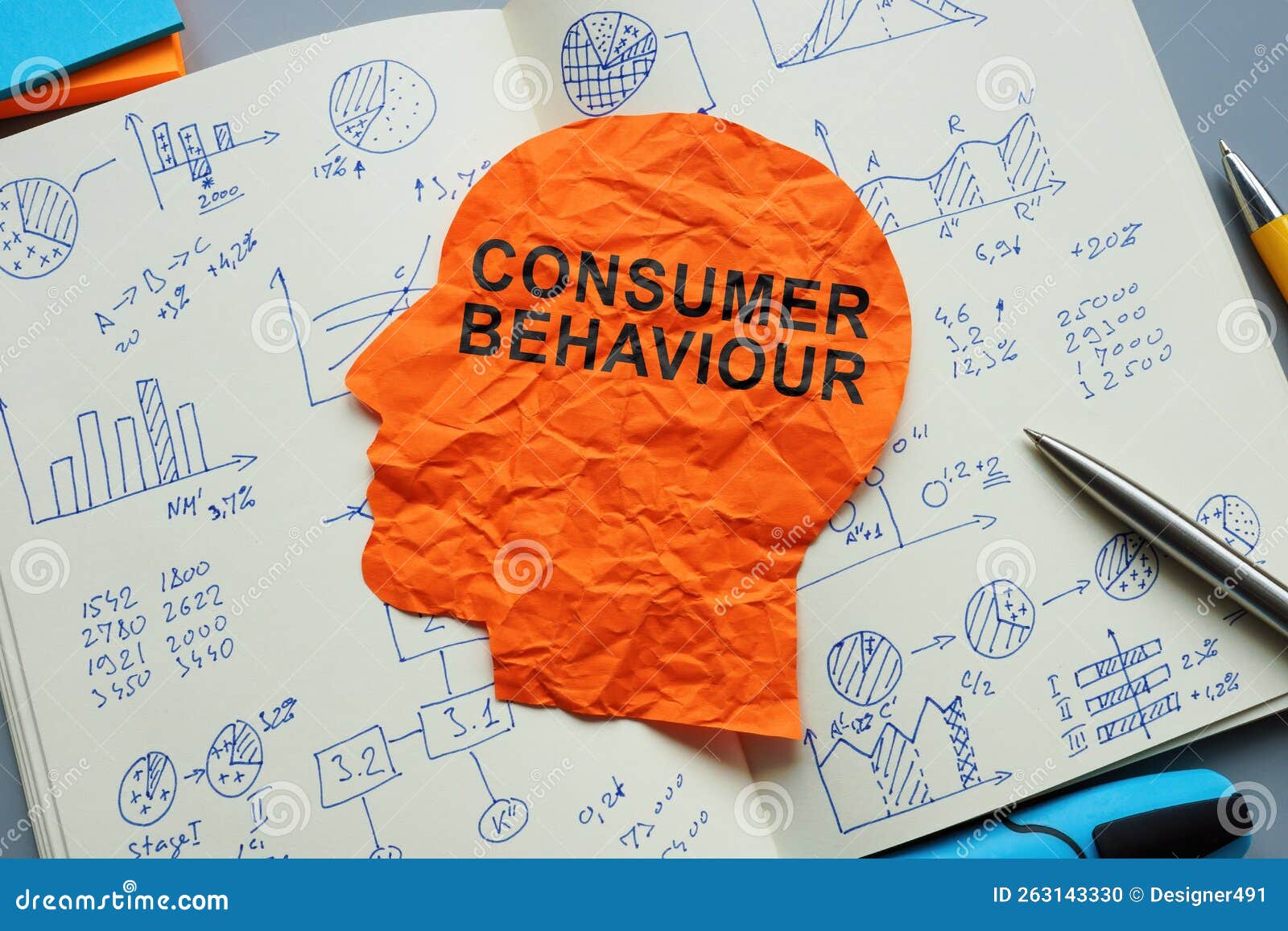 Consumer Behaviour Sign on a Paper Head and Open Notepad with Marks ...