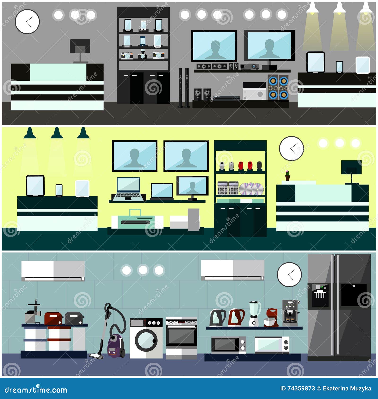 Consumer Electronics Store Interior. Colorful Vector Illustration ...
