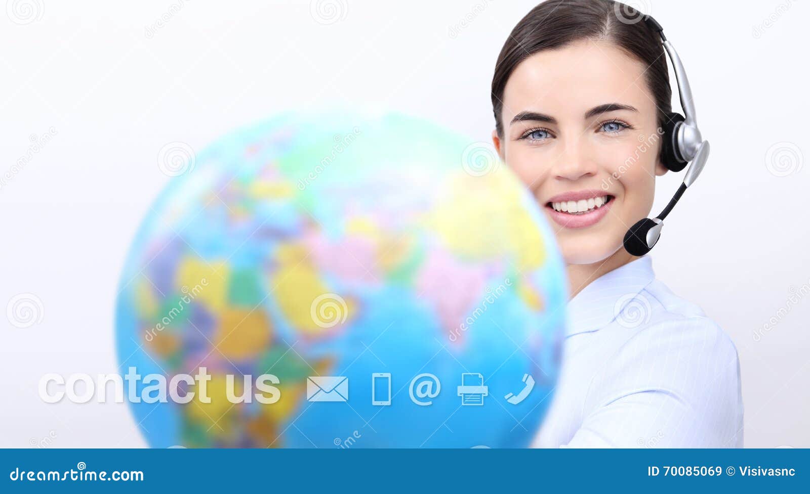 Contact Us, Customer Service Operator Woman with Headset Smiling Stock ...