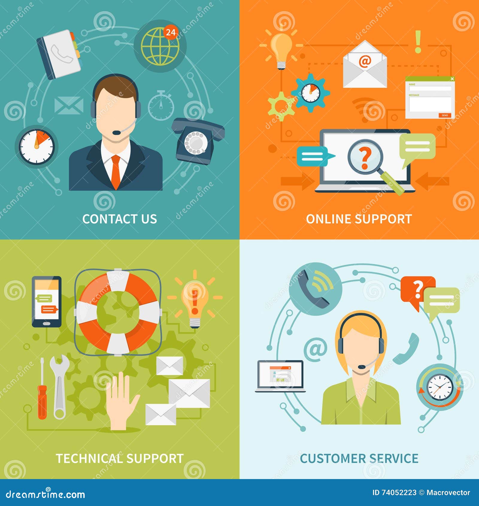 Contact Us Customer Support 2x2 Flat Icons Set Stock Vector ...