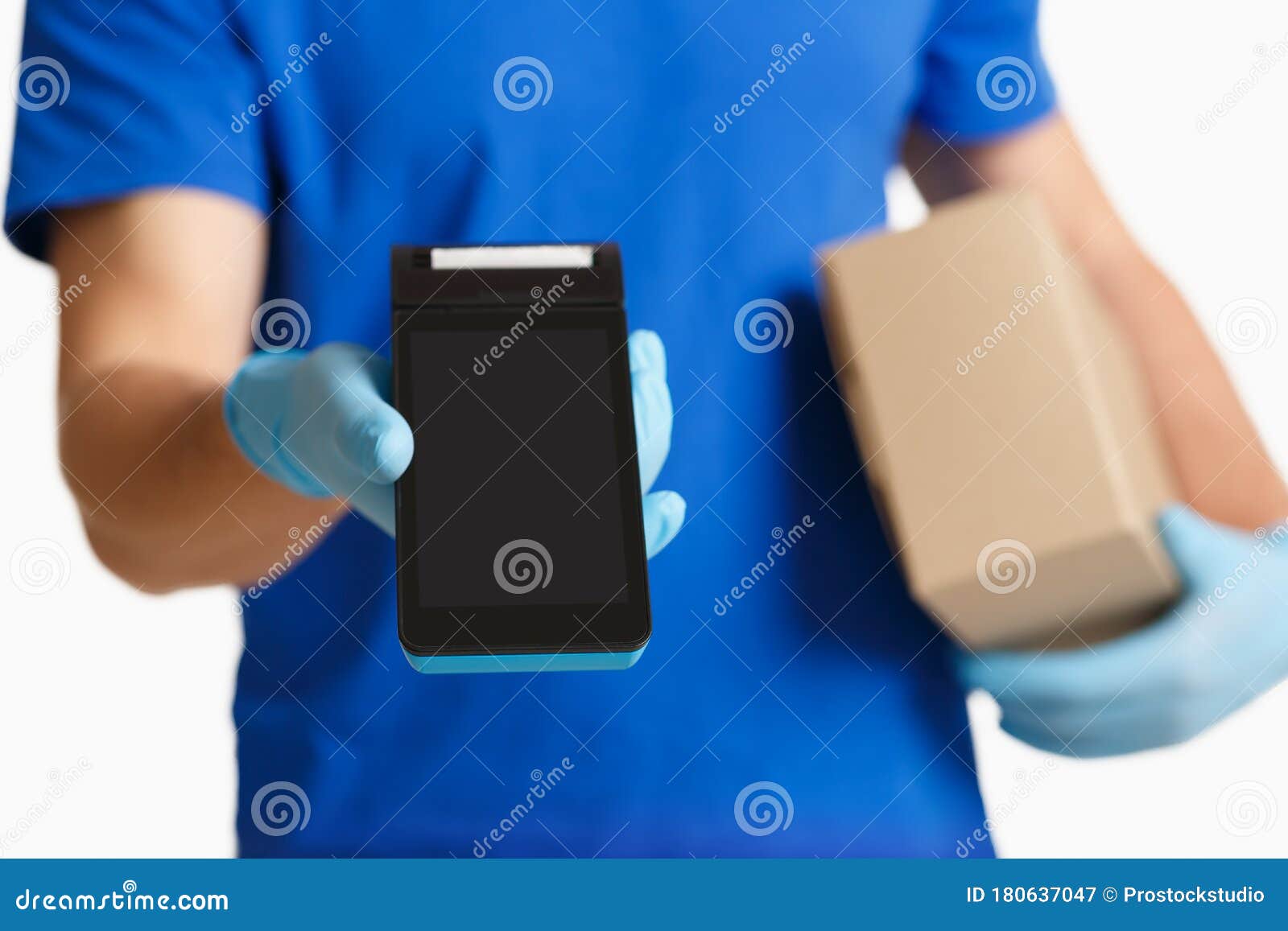 Contactless Payment. Courier Holds Terminal with Empty Space Stock ...