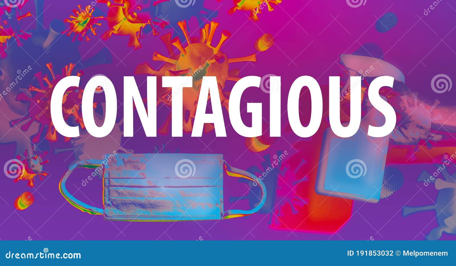 Contagious Theme with Face Mask and Spray Bottle Stock Photo - Image of ...