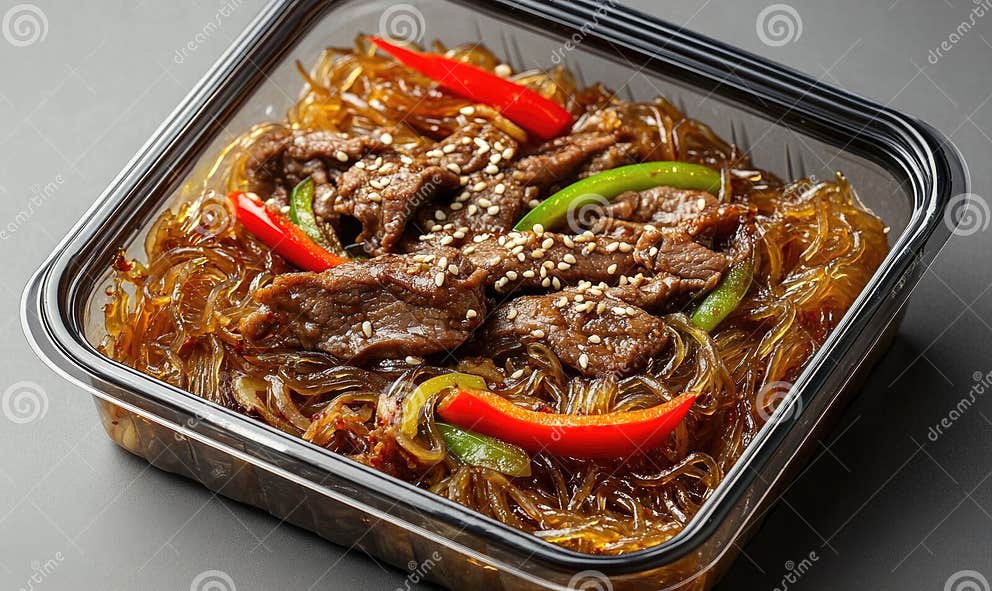 A Container of Beef and Vegetables with a Green Pepper and Red Pepper ...