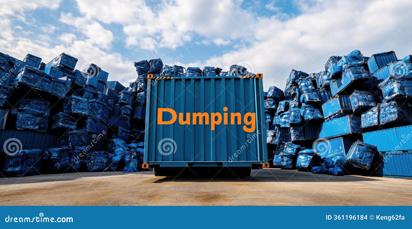 Container With Bold Word Dumping Surrounded By Piles Of Blue Containers ...