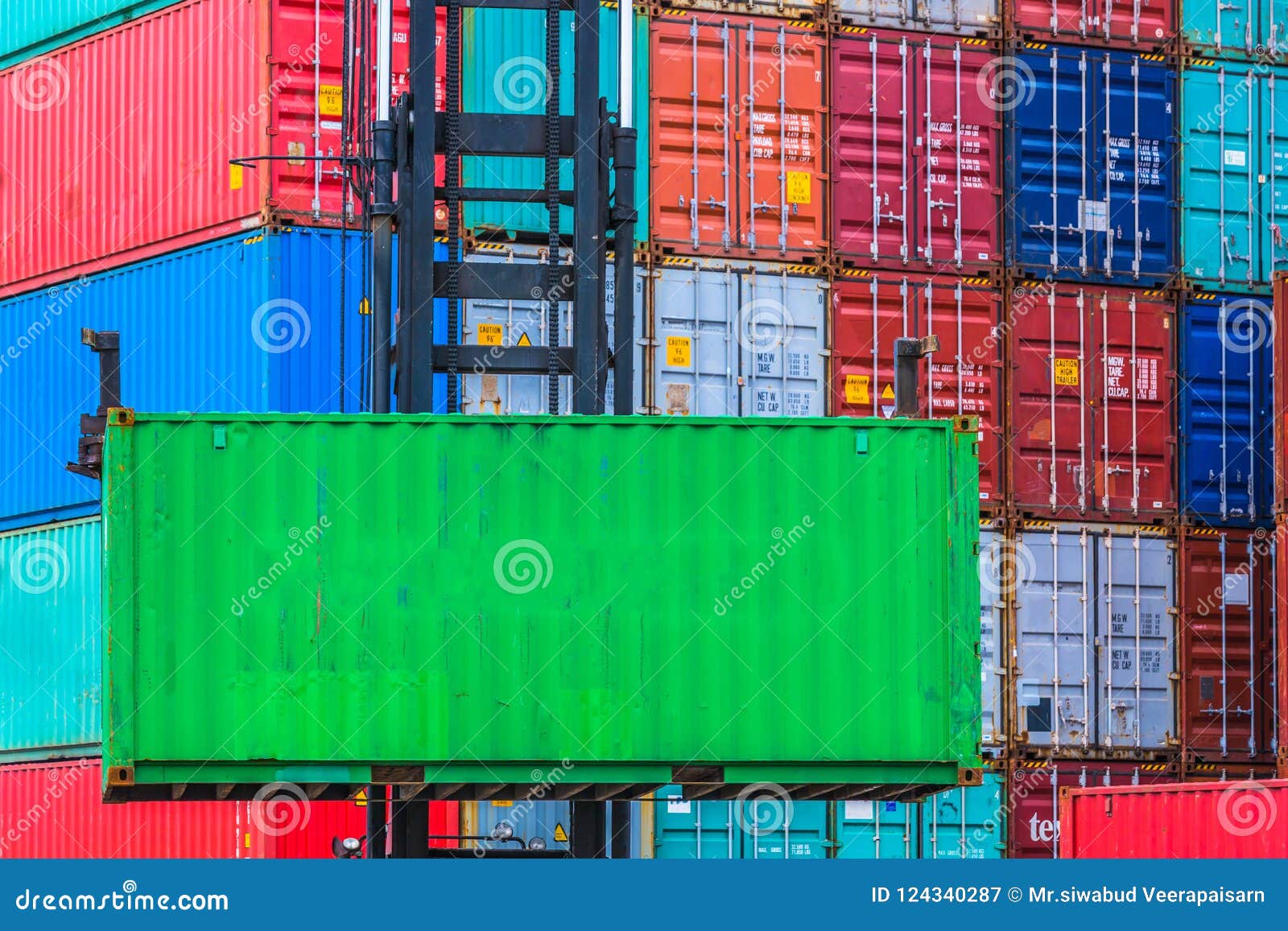 Container Box with Stack of Containers Background, Cargo Freight Stock ...