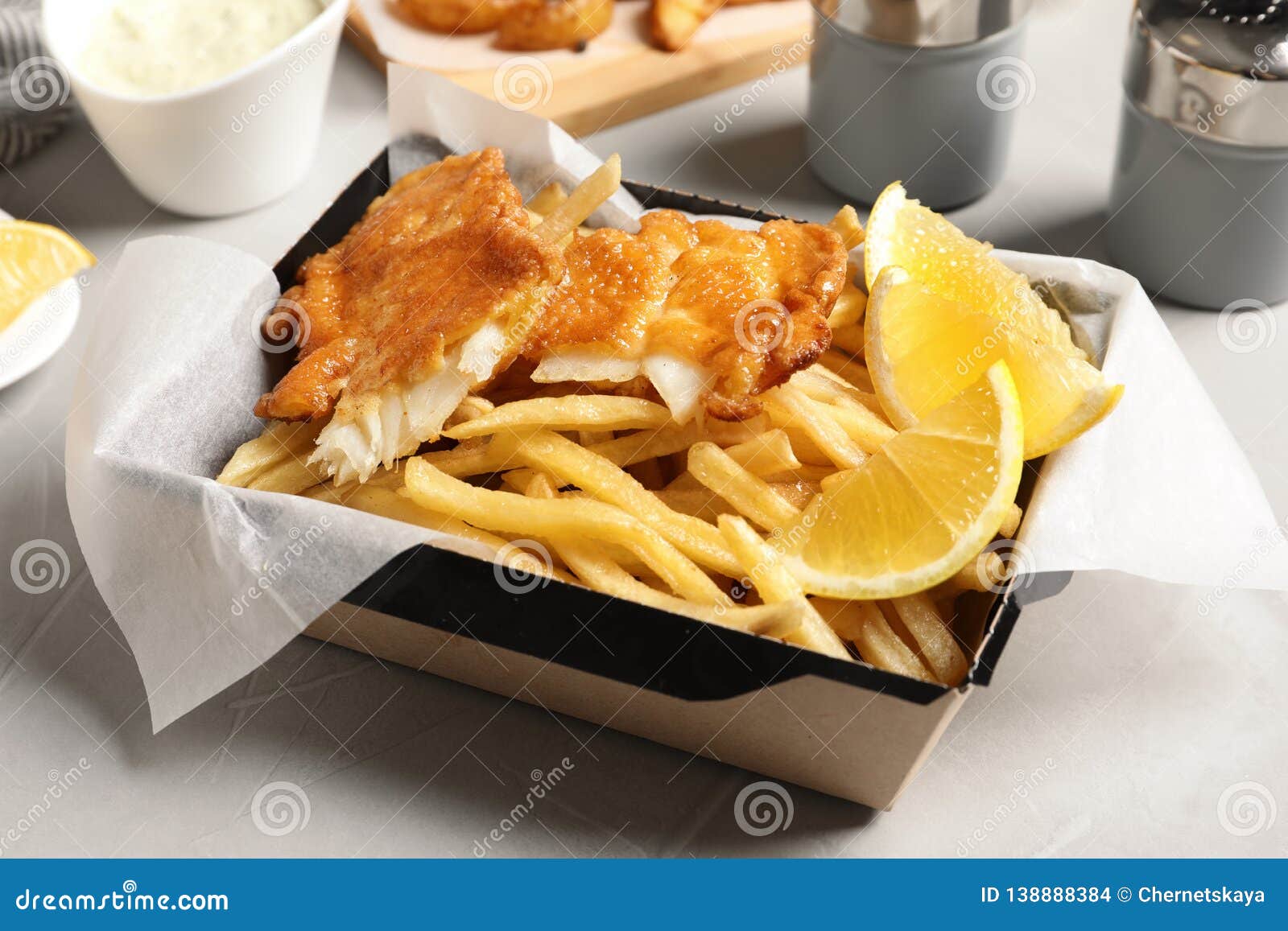 Container with British Traditional Fish and Potato Chips Stock Photo ...