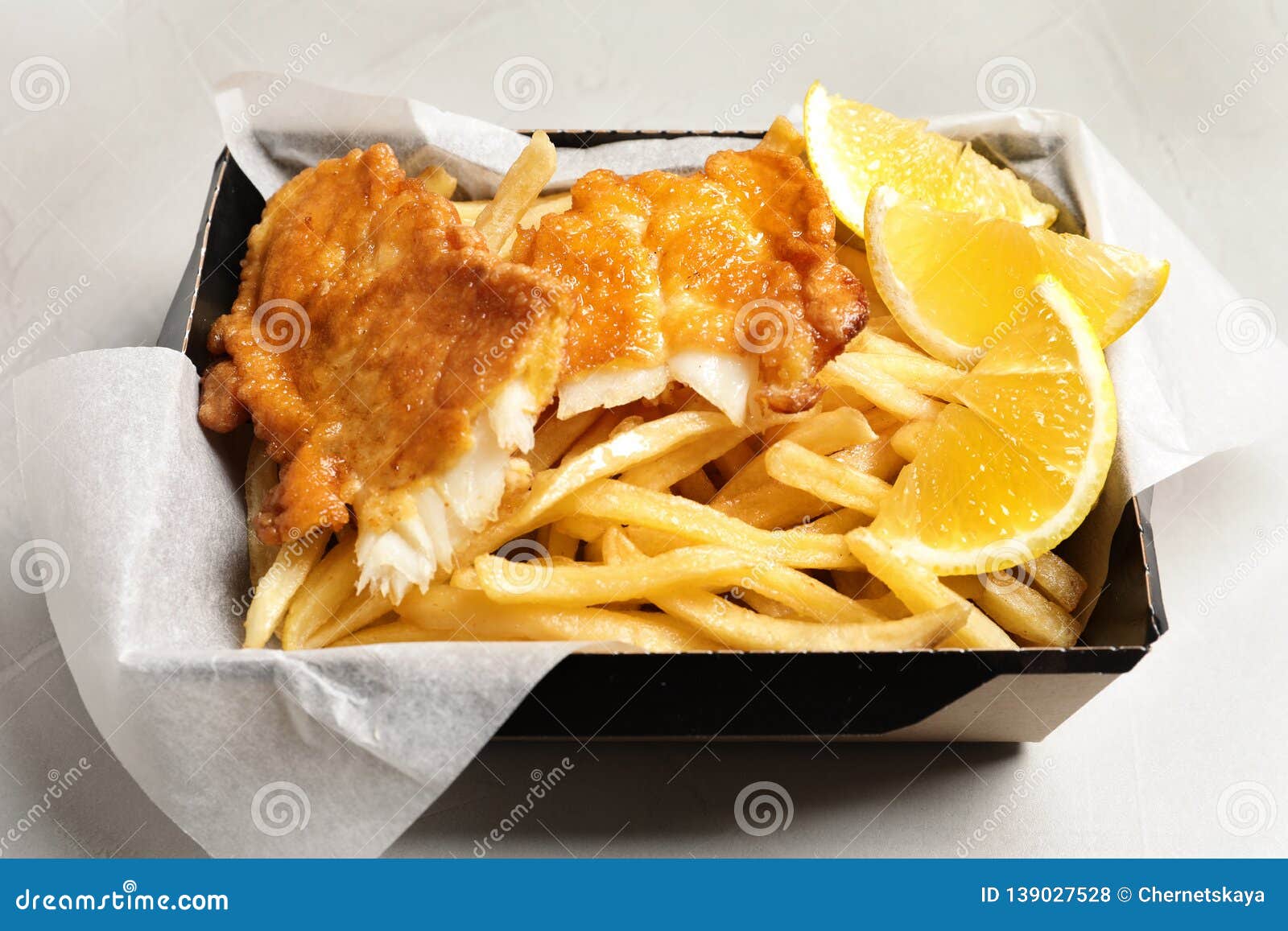 Container with British Traditional Fish and Potato Chips Stock Photo ...