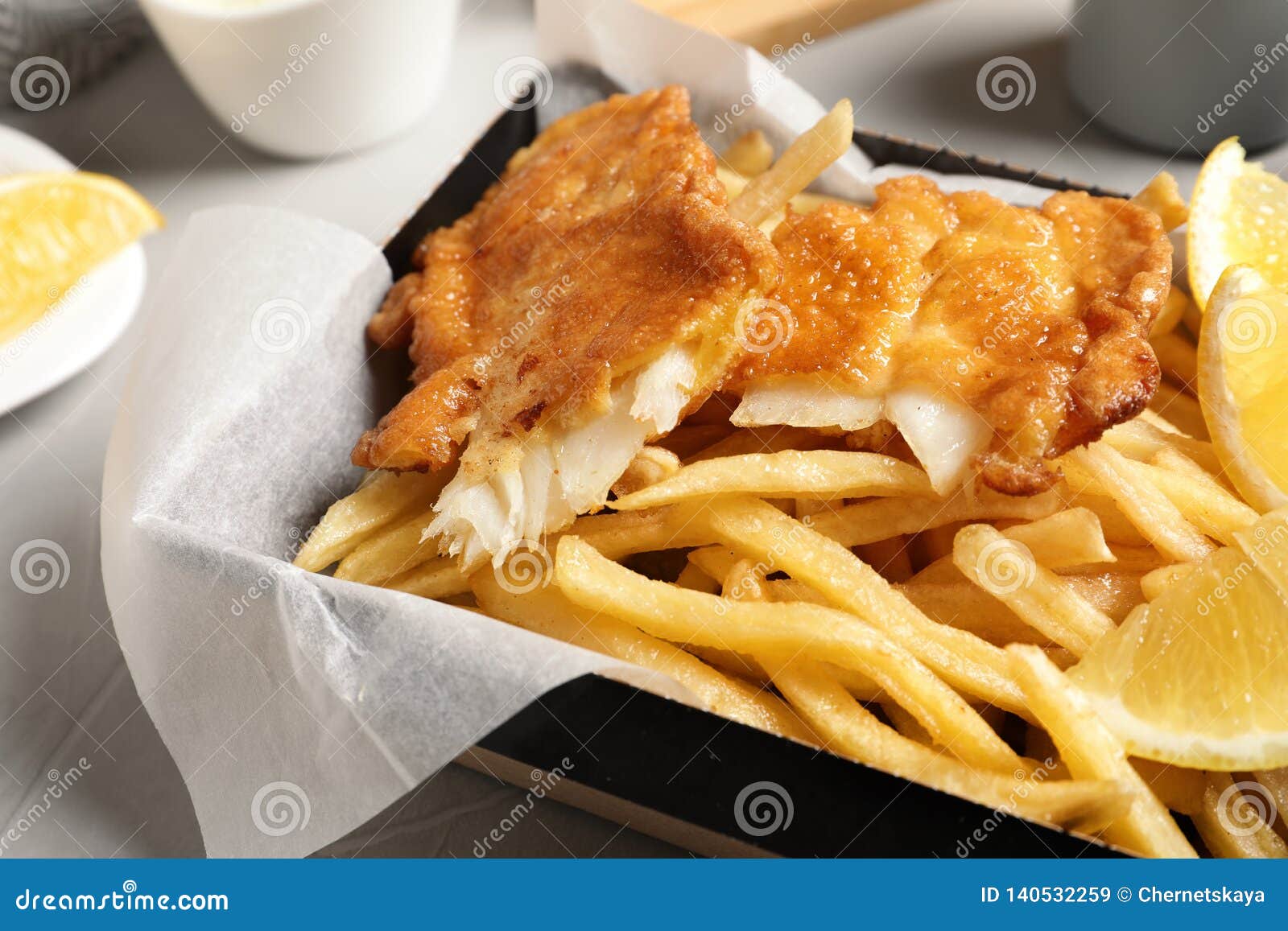 Container with British Traditional Fish and Potato Chips Stock Image ...