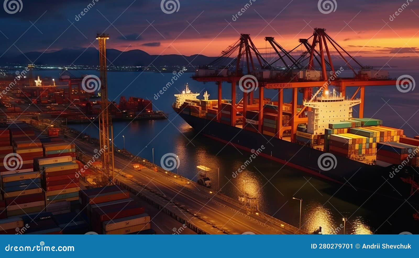 Container Cargo Freight Ship with Working Crane Bridge at Dusk for ...