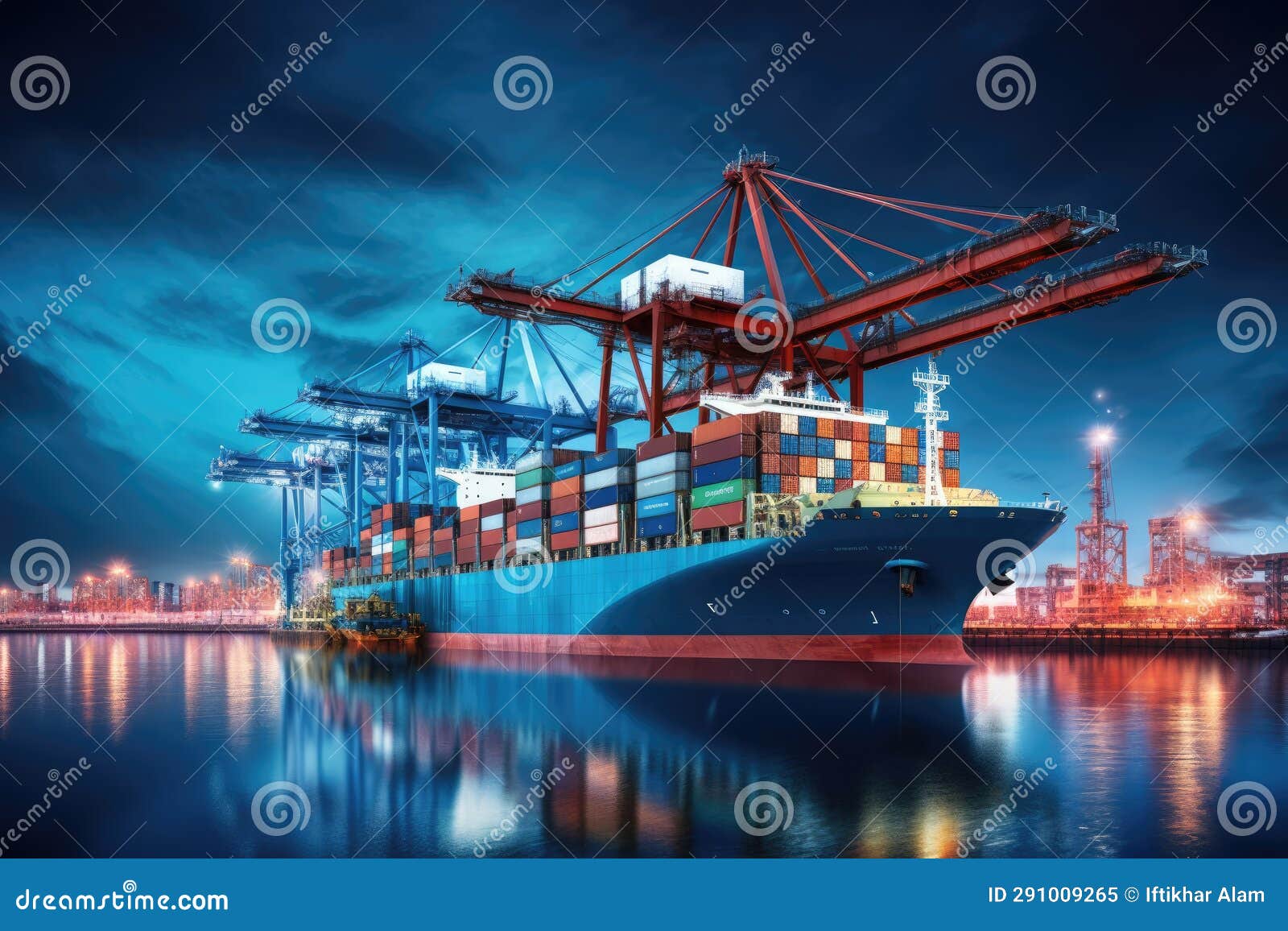 Container Cargo Freight Ship with Working Crane Bridge at Night ...