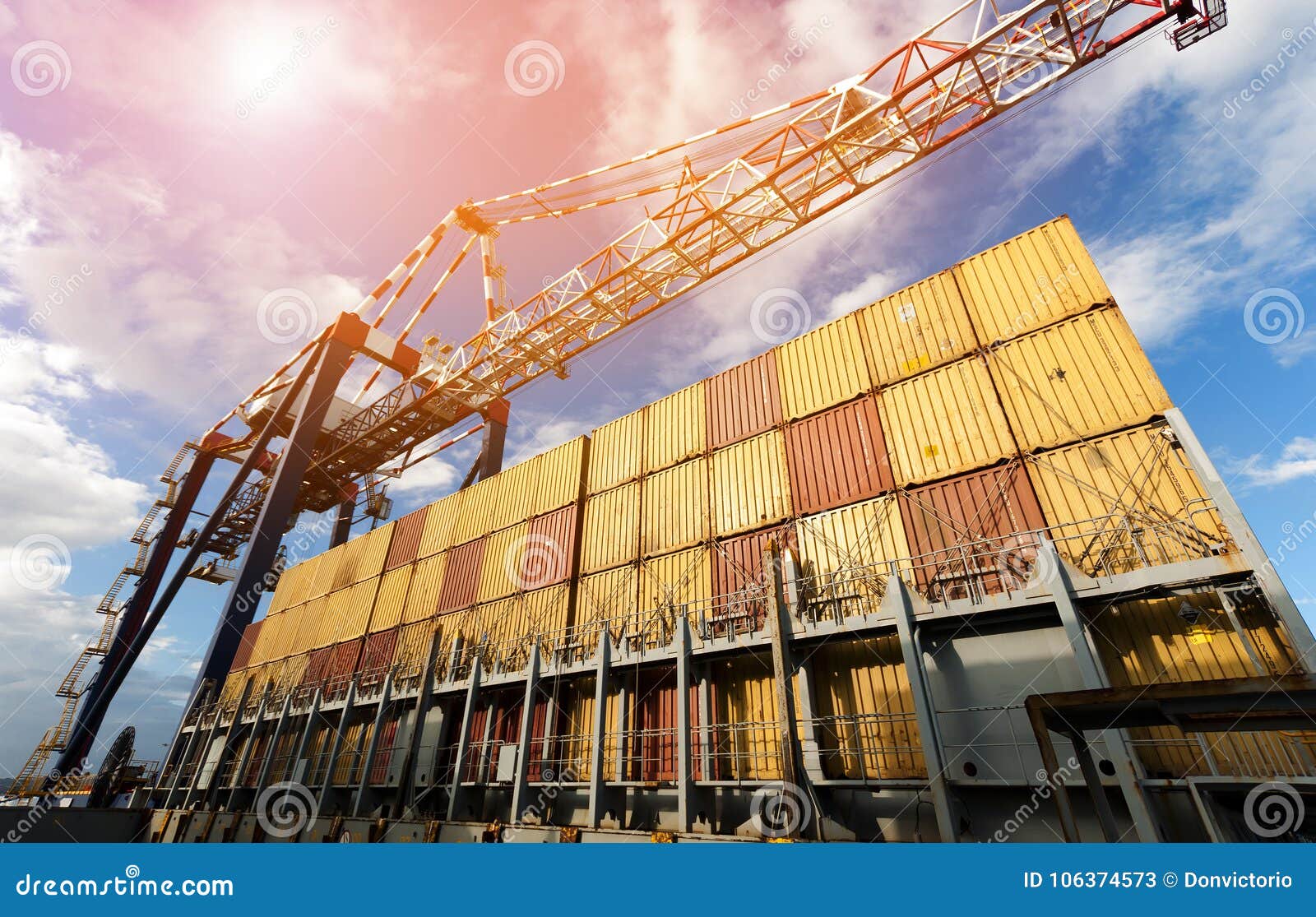 Container Cargo Freight Ship with Working Crane Bridge during Po Stock ...