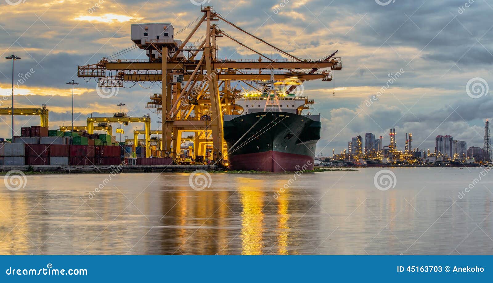 Container Cargo Freight Ship with Working Crane Bridge in Shipyard at ...