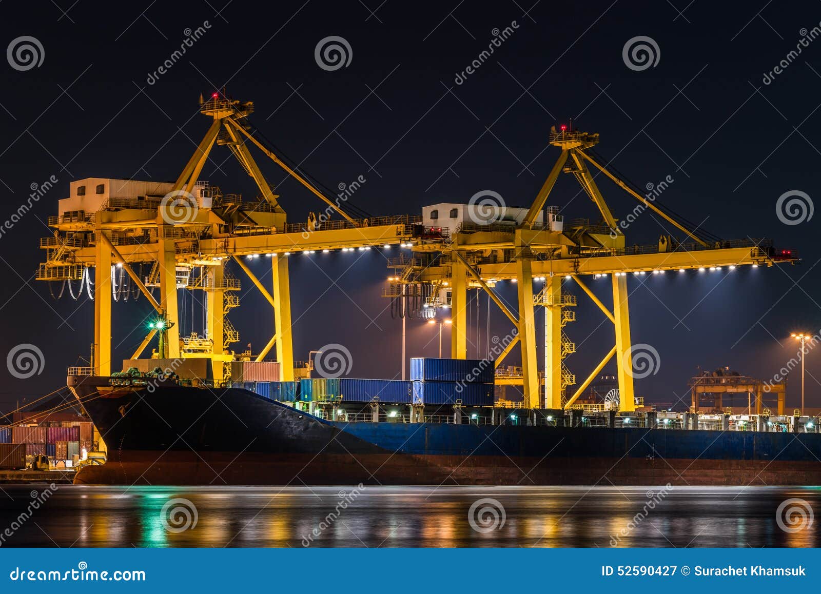 Container Cargo Freight Ship with Working Crane Bridge in Shipya Stock ...