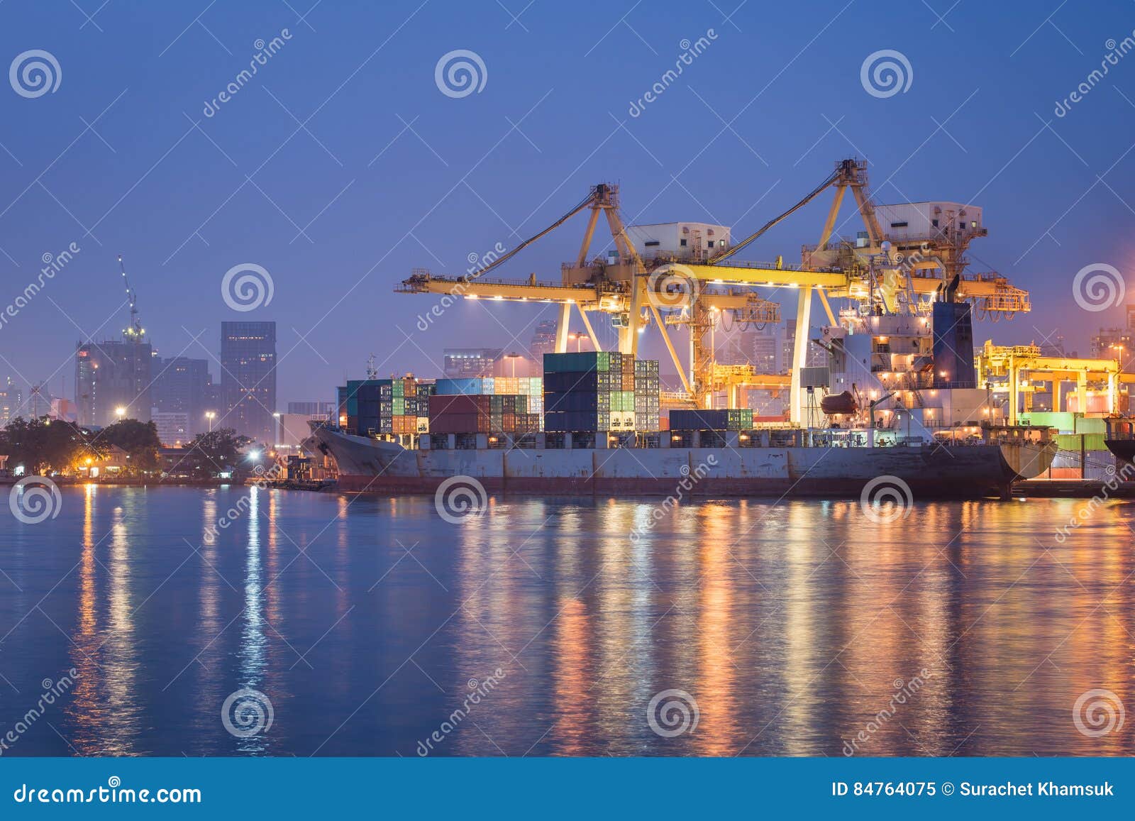 Container Cargo Freight Ship with Working Crane Bridge in Shipyard at ...