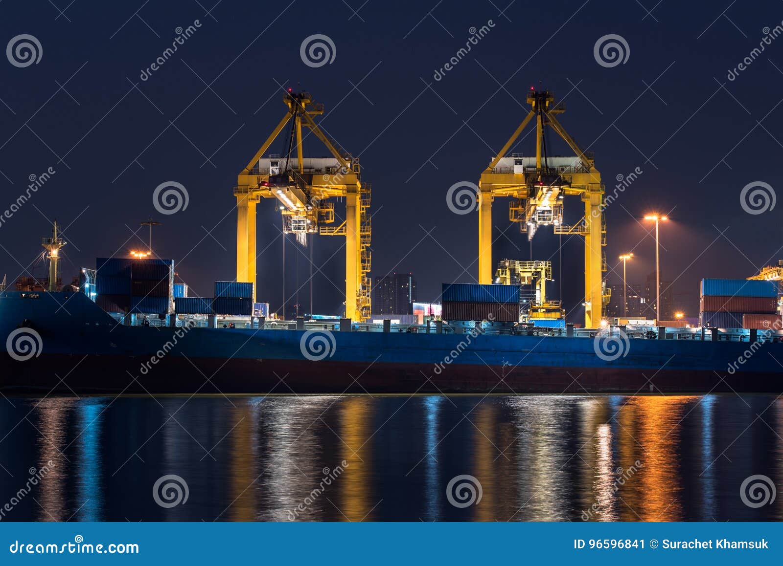 Container Cargo Freight Ship with Working Crane Bridge in Shipyard at ...