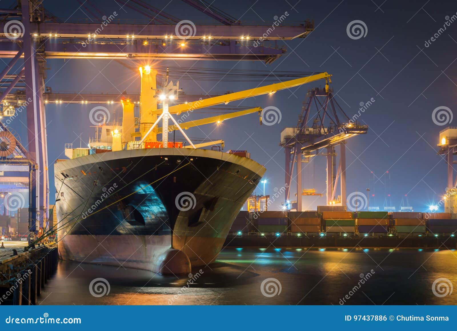 Container Cargo Freight Ship with Working Crane Bridge in Shipyard at ...