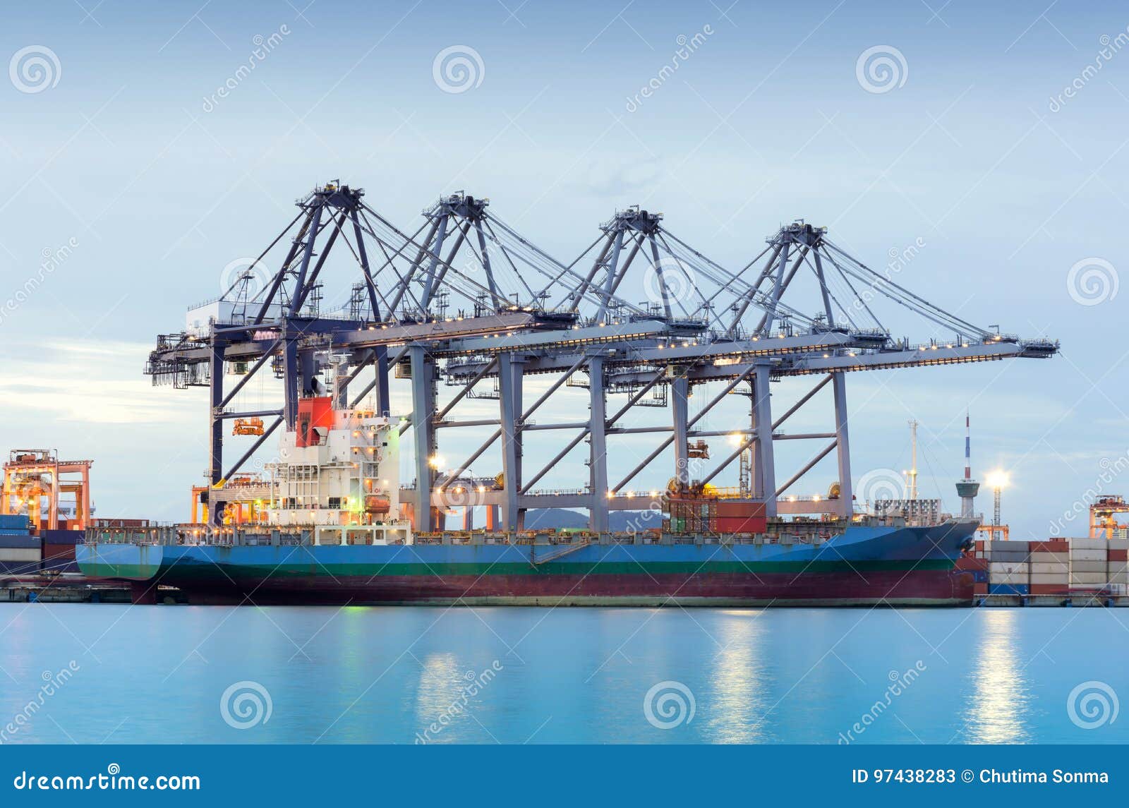 Container Cargo Freight Ship with Working Crane Bridge in Shipyard at ...