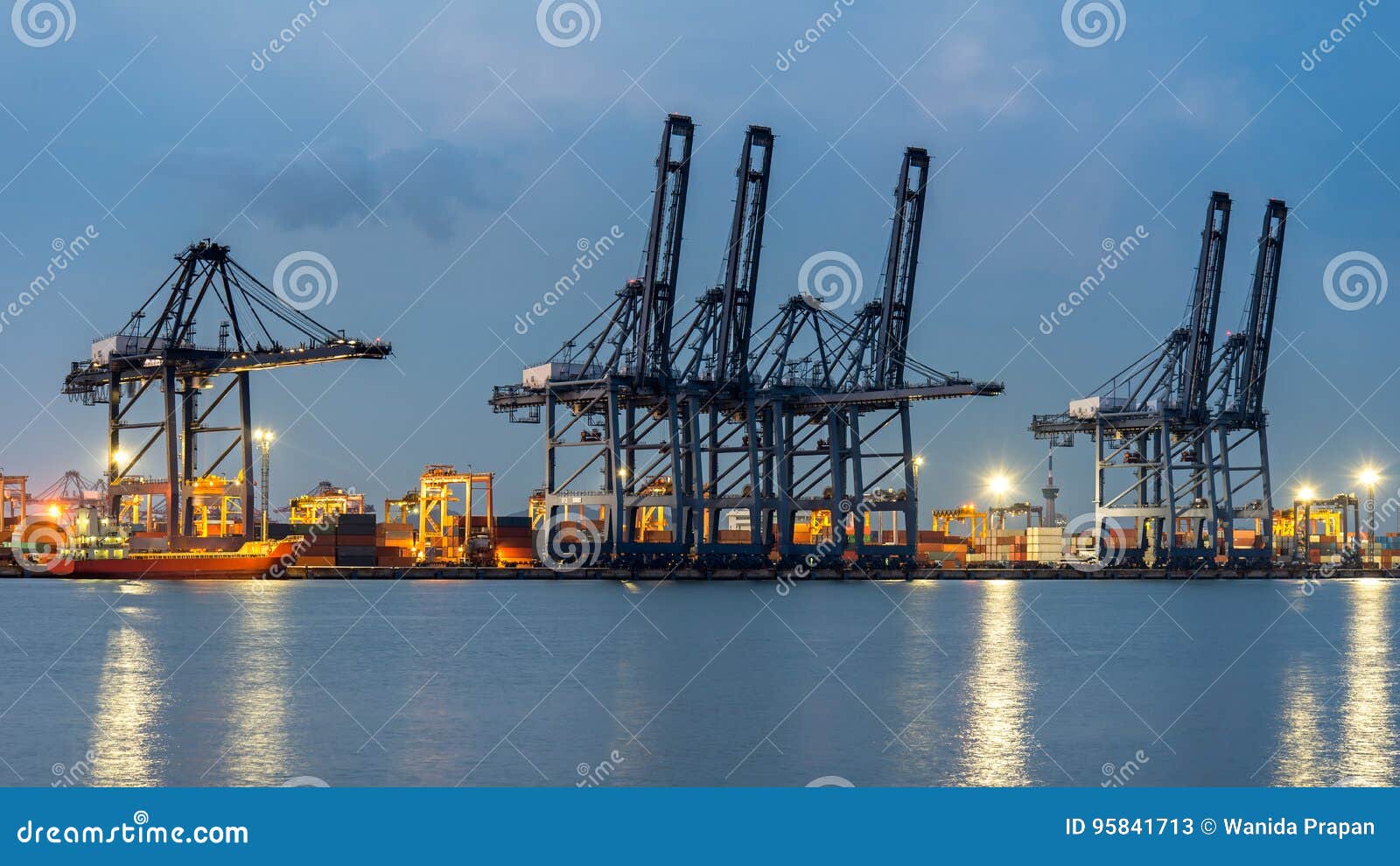 Container Cargo Freight Ship with Working Crane Bridge in Shipyard at ...