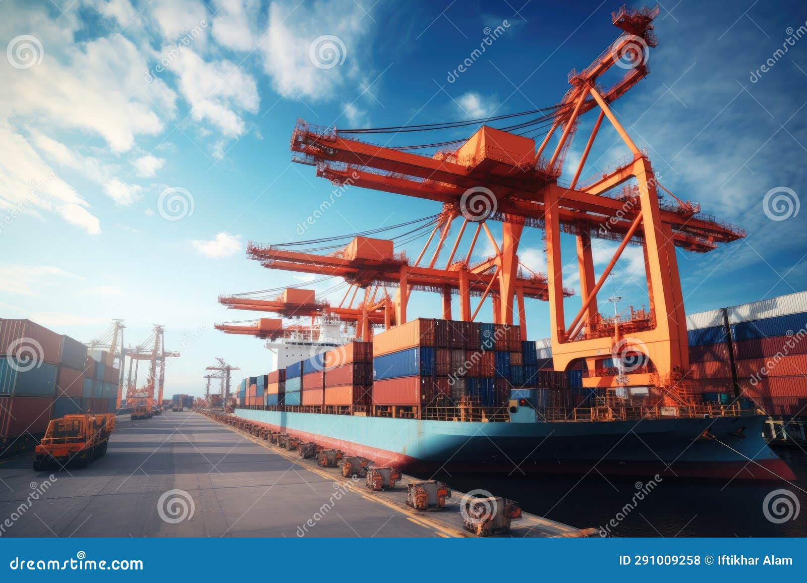 Container Cargo Freight Ship with Working Crane Bridge in Shipyard at ...
