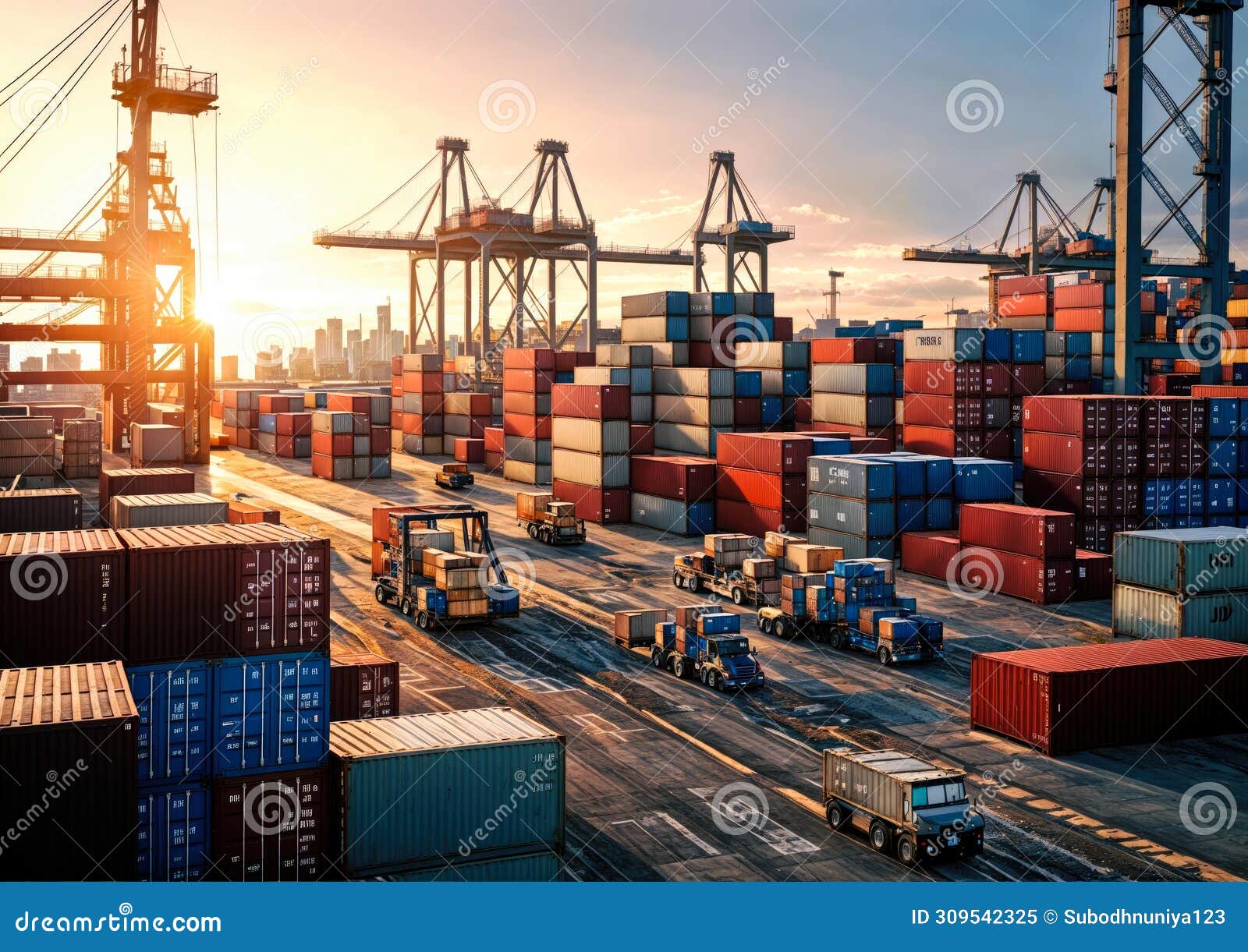 Container Cargo Freight Ship with Working Crane Bridge at Sunset for ...