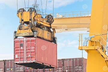 Container Cargo Freight Ship with Working Crane Loading Bridge I Stock ...