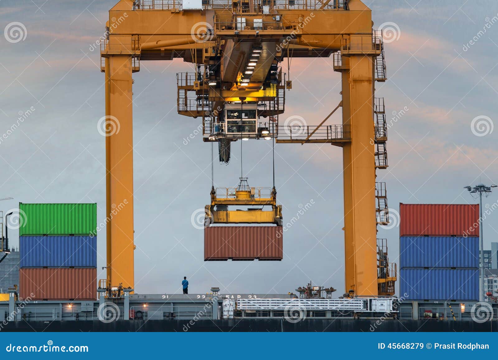 Container Cargo Freight Ship with Working Crane Loading Bridge I Stock ...