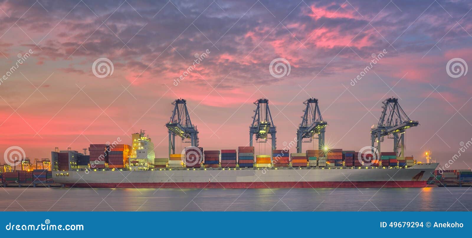 Container Cargo Freight Ship With Working Crane Loading Bridge I Stock ...