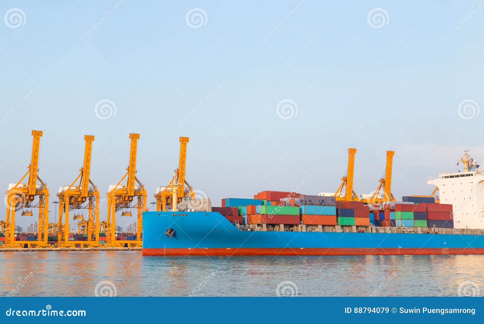 Container Cargo Freight Ship with Working Crane Loading Bridge I Stock ...