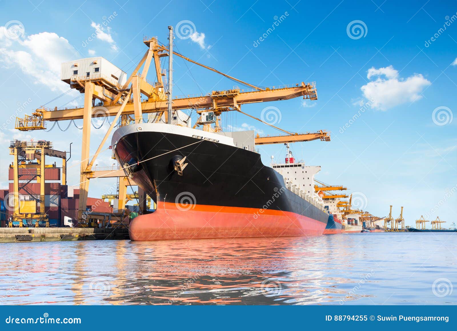 Container Cargo Freight Ship with Working Crane Loading Bridge Stock ...