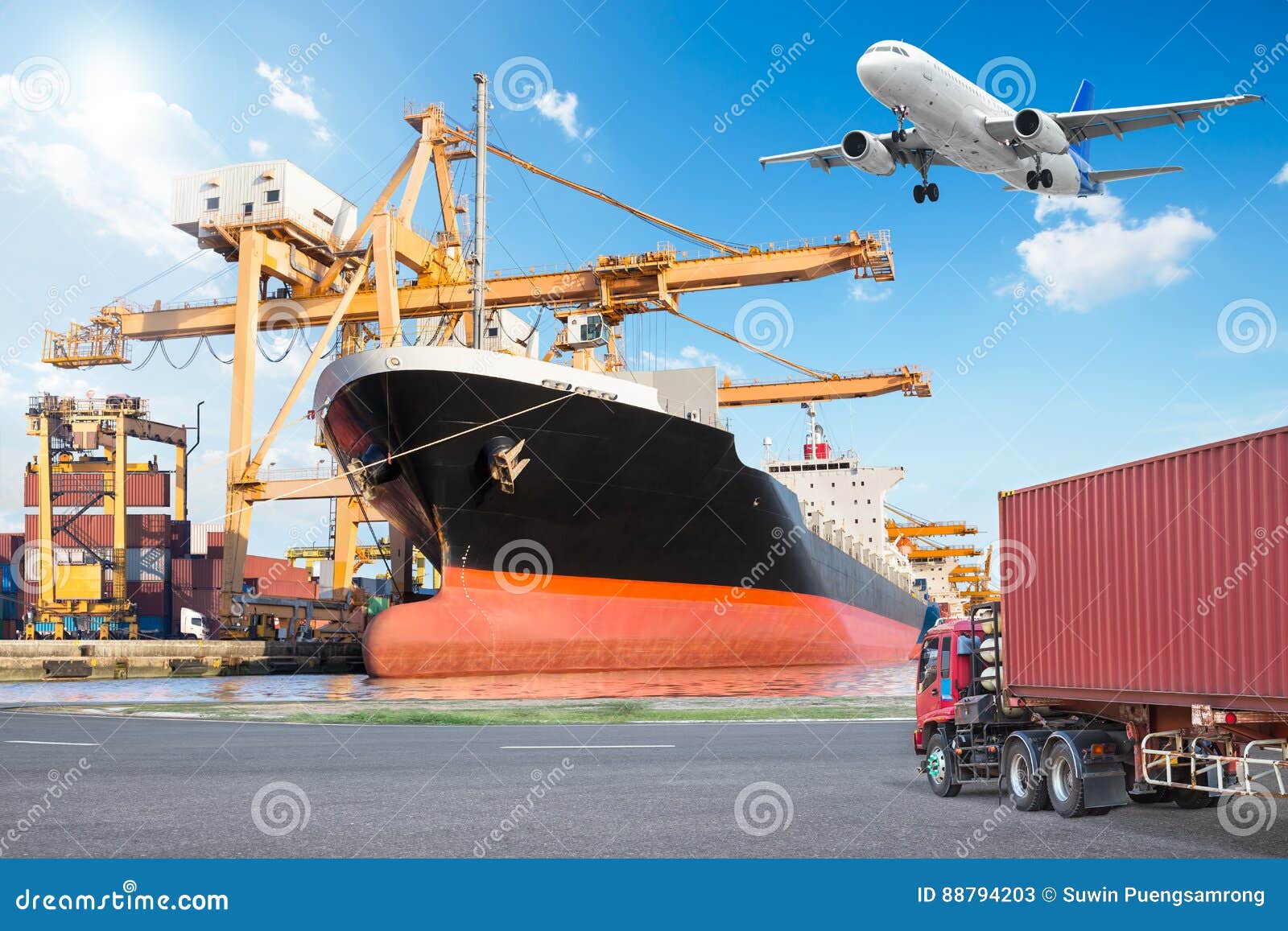 Container Cargo Freight Ship with Working Crane Loading Bridge Stock ...