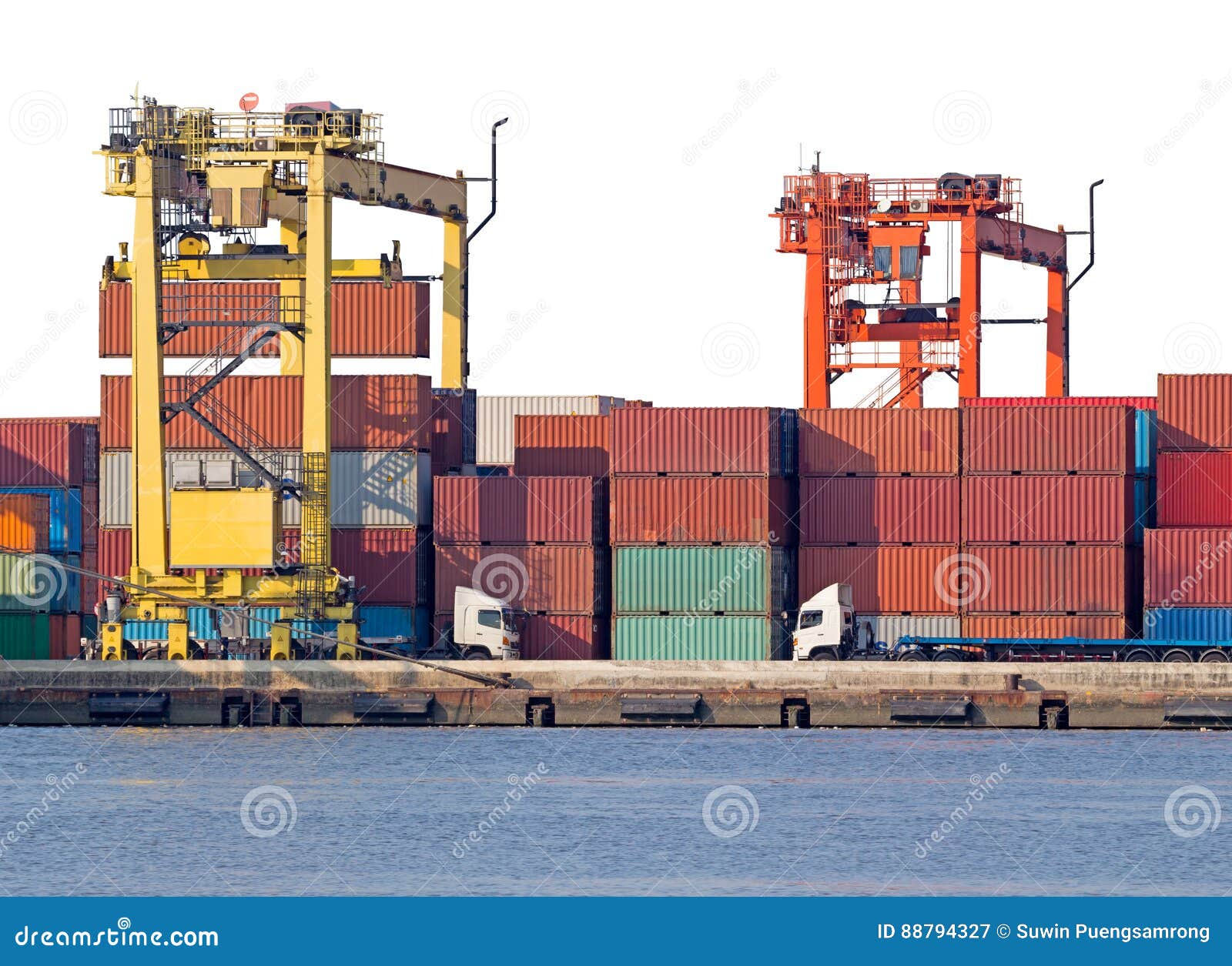 Container Cargo Freight Ship with Working Crane Loading Bridge Stock ...