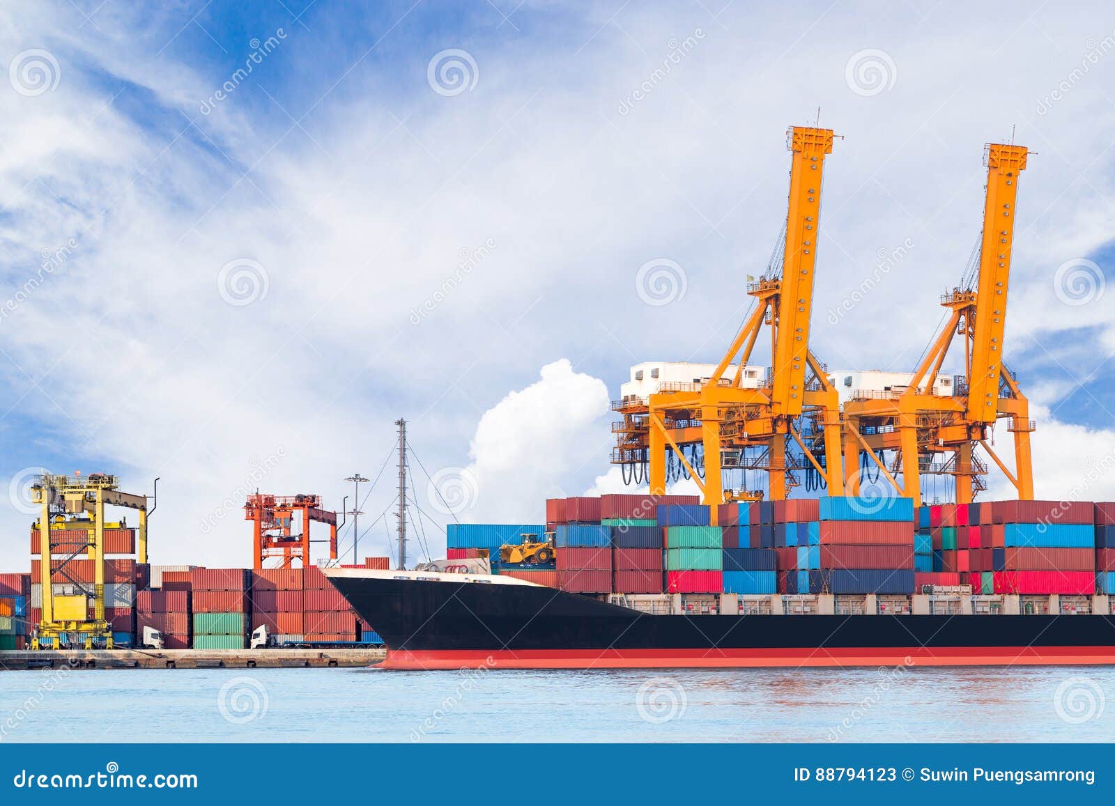 Container Cargo Freight Ship with Working Crane Loading Bridge Stock ...