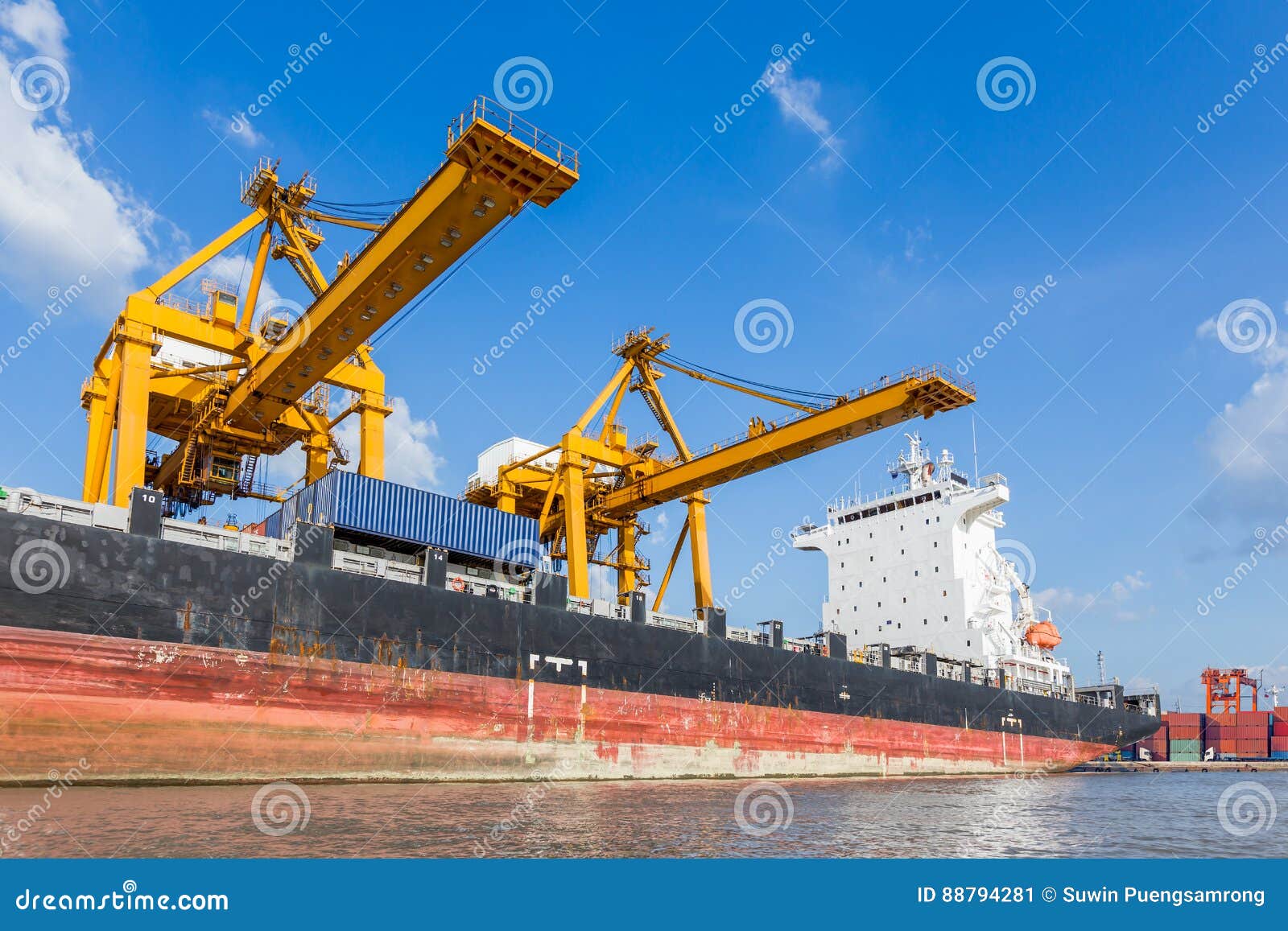 Container Cargo Freight Ship with Working Crane Loading Bridge Stock ...