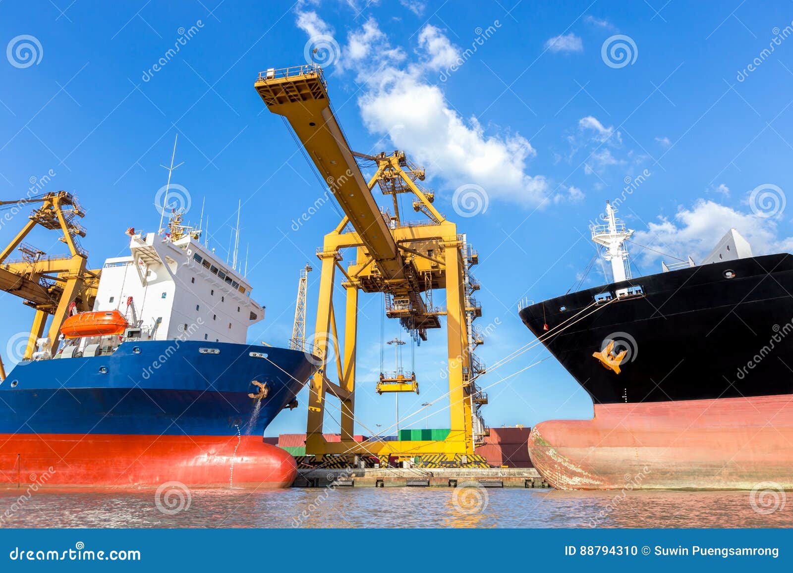 Container Cargo Freight Ship with Working Crane Loading Bridge Stock ...