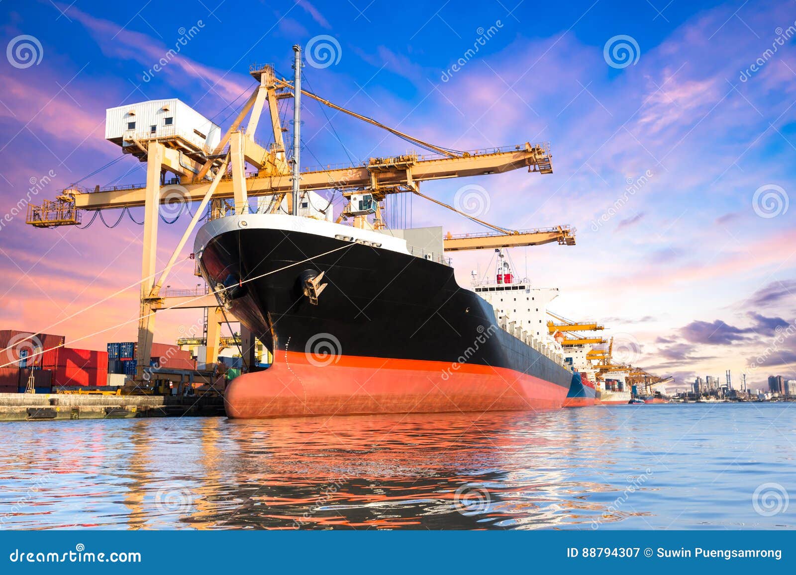 Container Cargo Freight Ship with Working Crane Loading Bridge Stock ...
