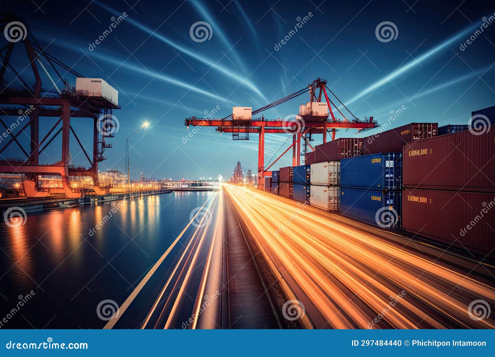 Container Cargo Import Export at Port with Motion Flash Shiny Light ...