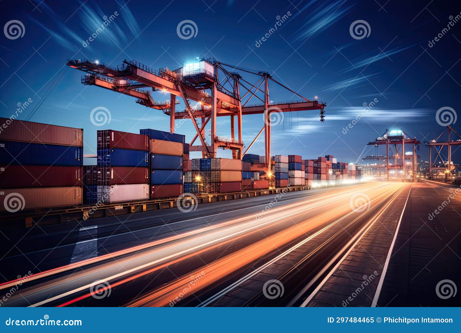 Container Cargo Import Export at Port with Motion Flash Shiny Light ...