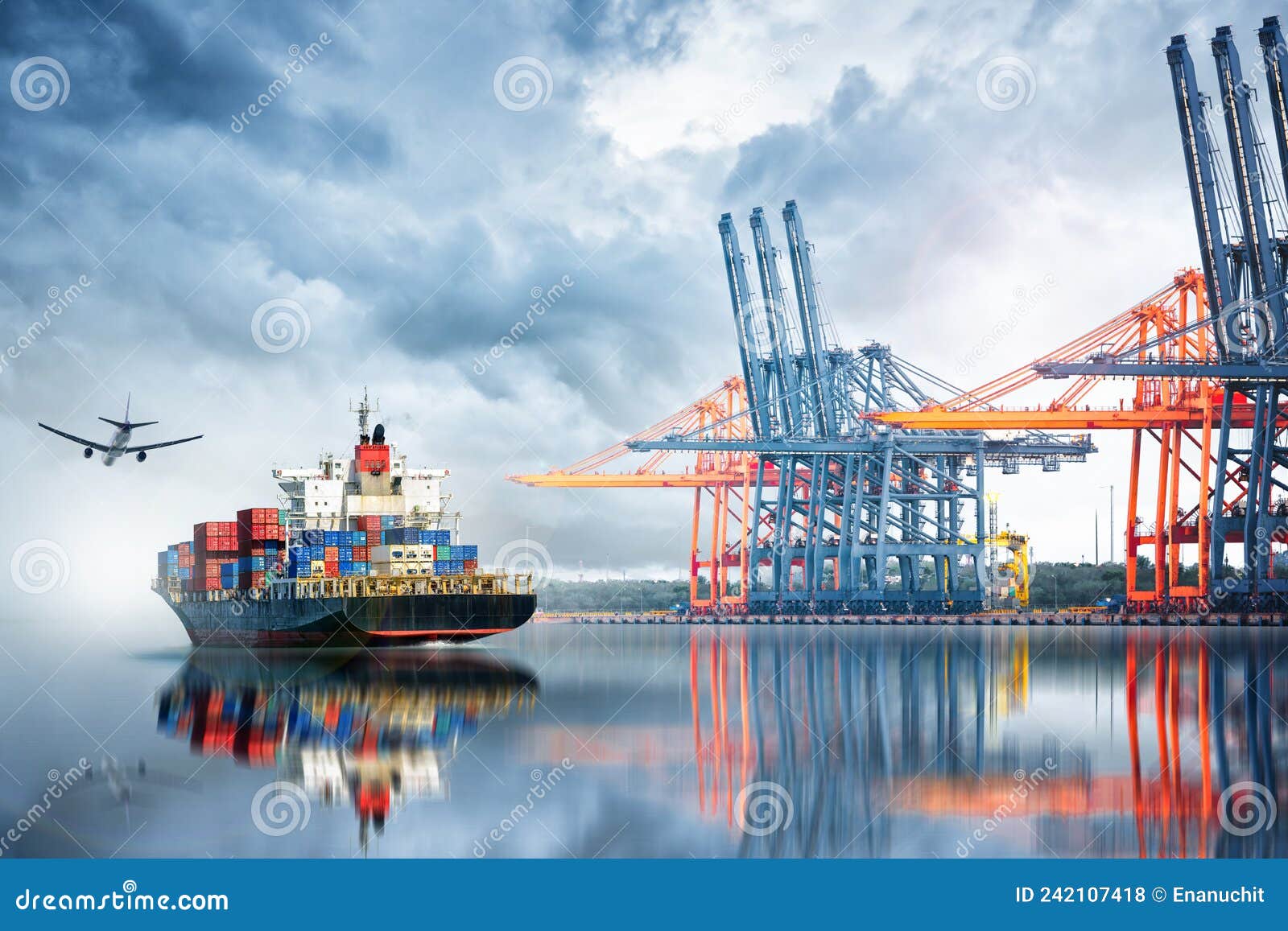 Container Cargo Ship and Cargo Plane with Working Crane Bridge in ...