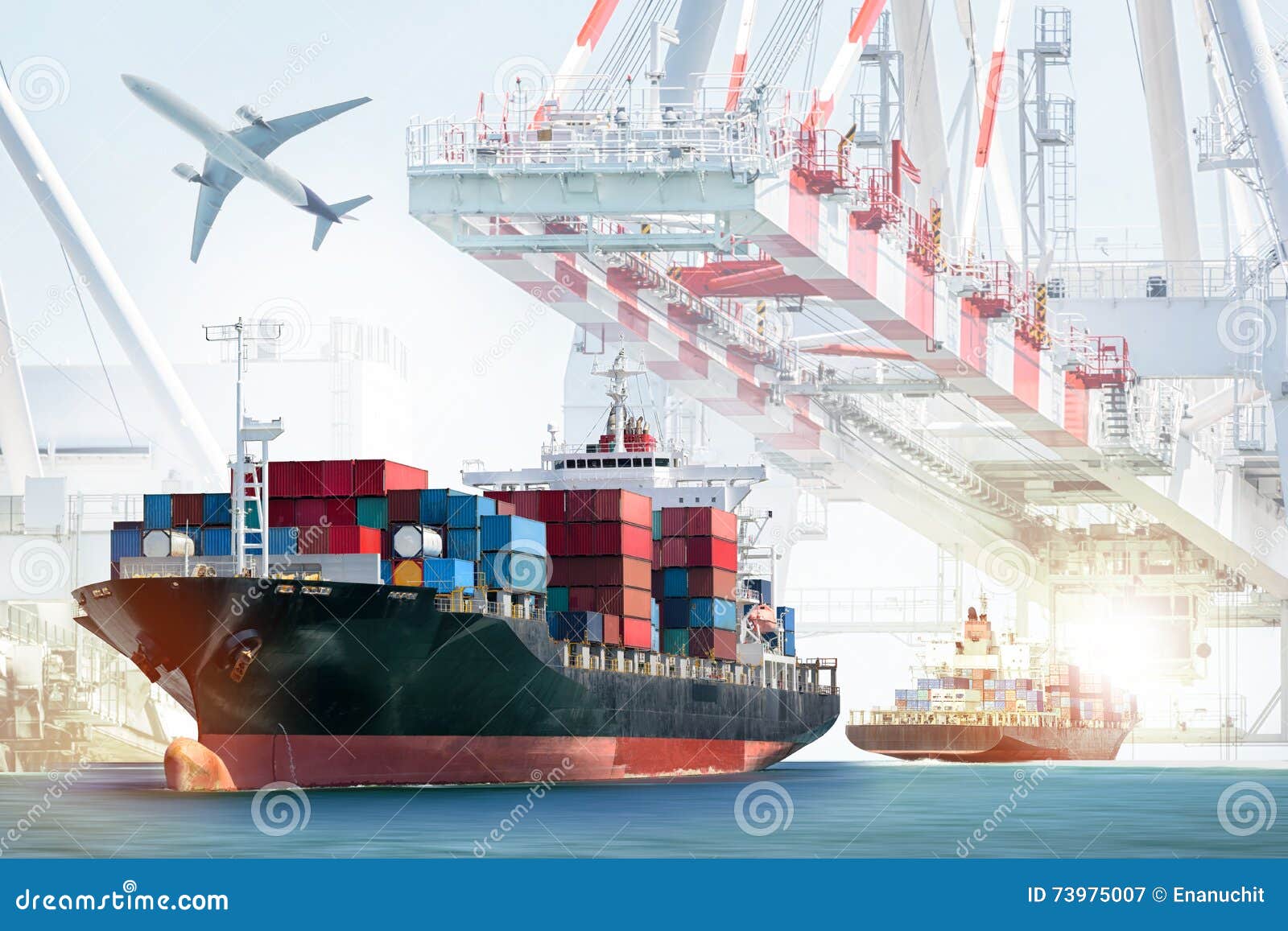 Container Cargo Ship and Cargo Plane with Working Crane Bridge in ...
