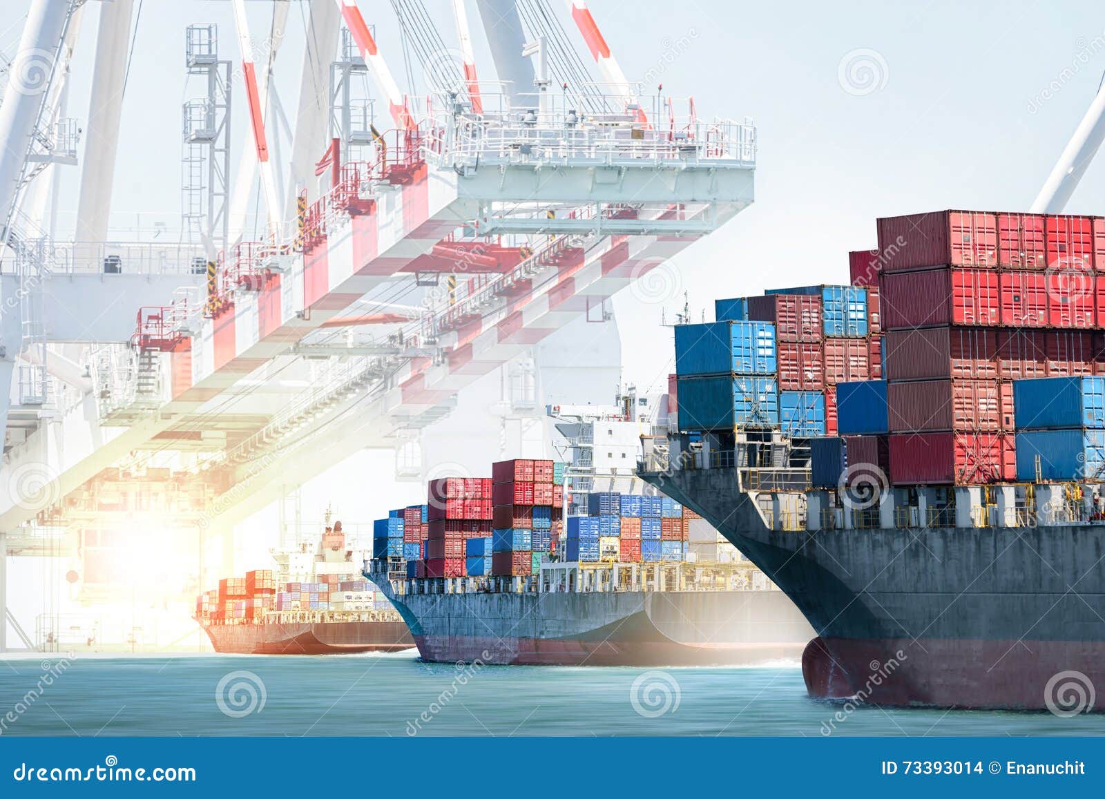Container Cargo Ship Entering the Port with Harbor Crane Background ...