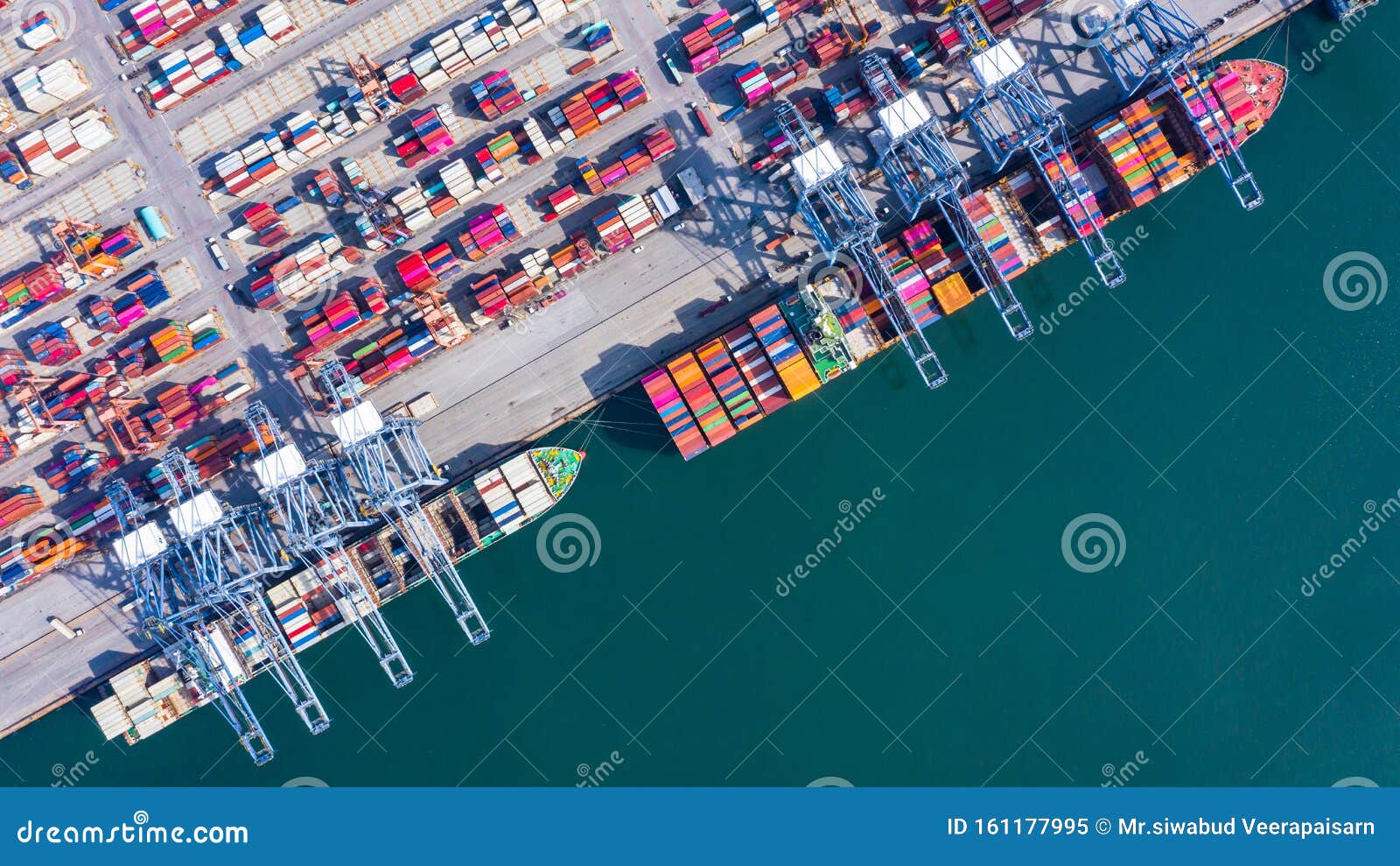 Container Cargo Ship Loading in a Port, Aerial Top View Container Cargo ...