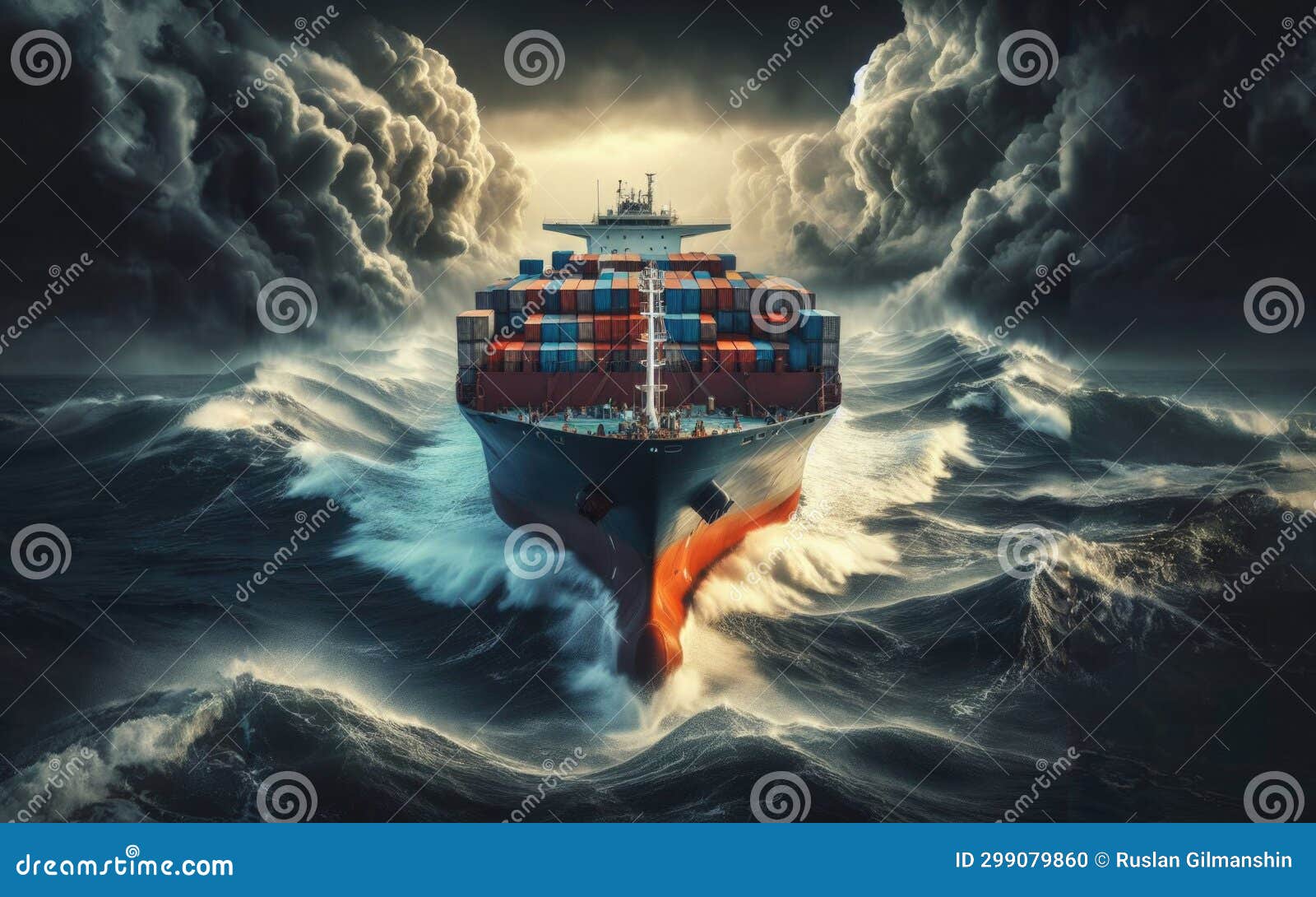 Container Cargo Ship in the Ocean Fighting Storm Stock Photo - Image of ...