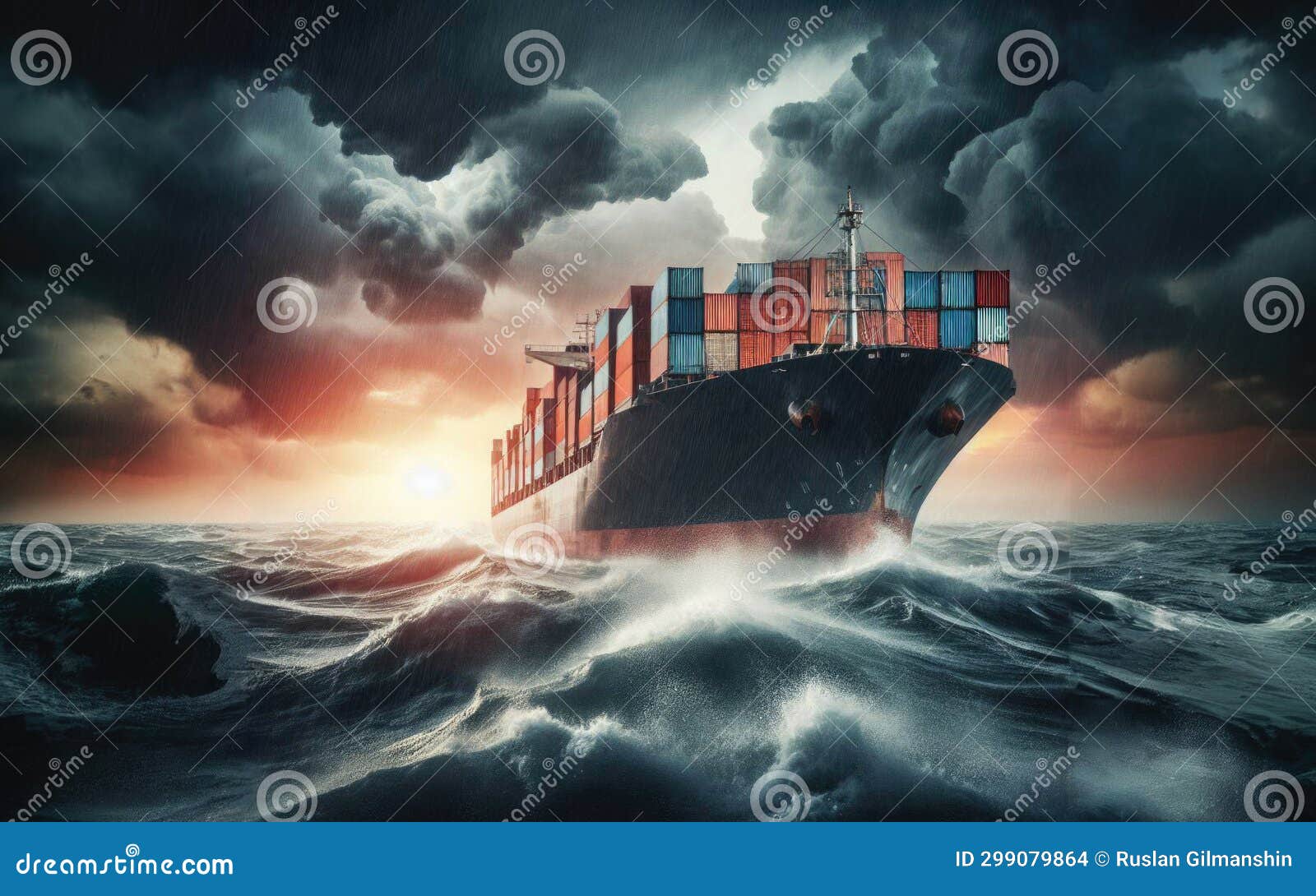 Container Cargo Ship in the Ocean Fighting Storm Stock Photo - Image of ...